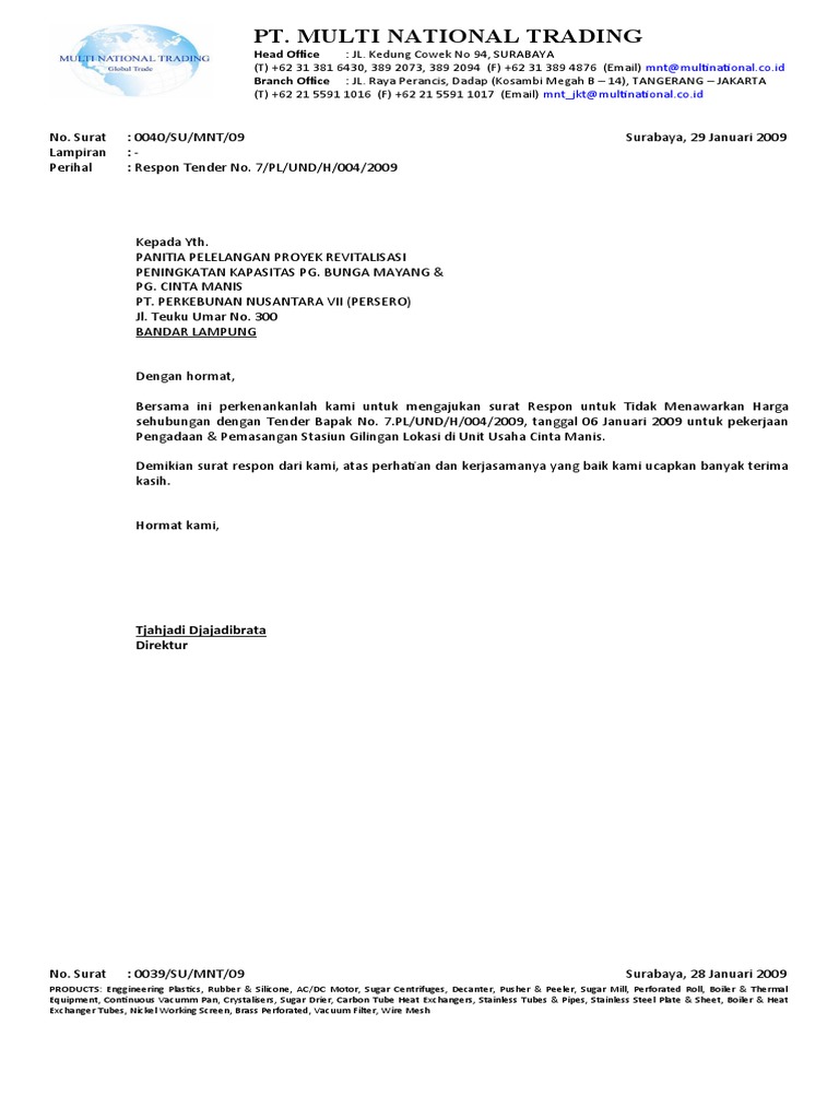 Respon Tender PTPN VII | PDF