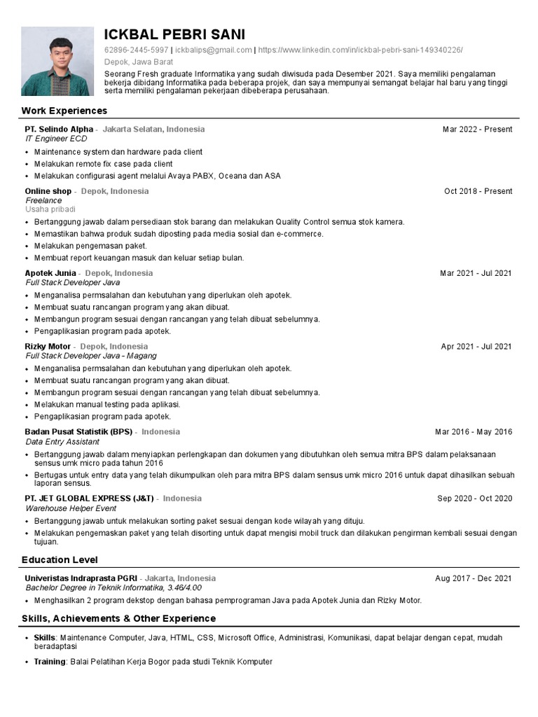 CV Ickbal Pebri Sani - ATS | PDF | Bisnis | Komputer