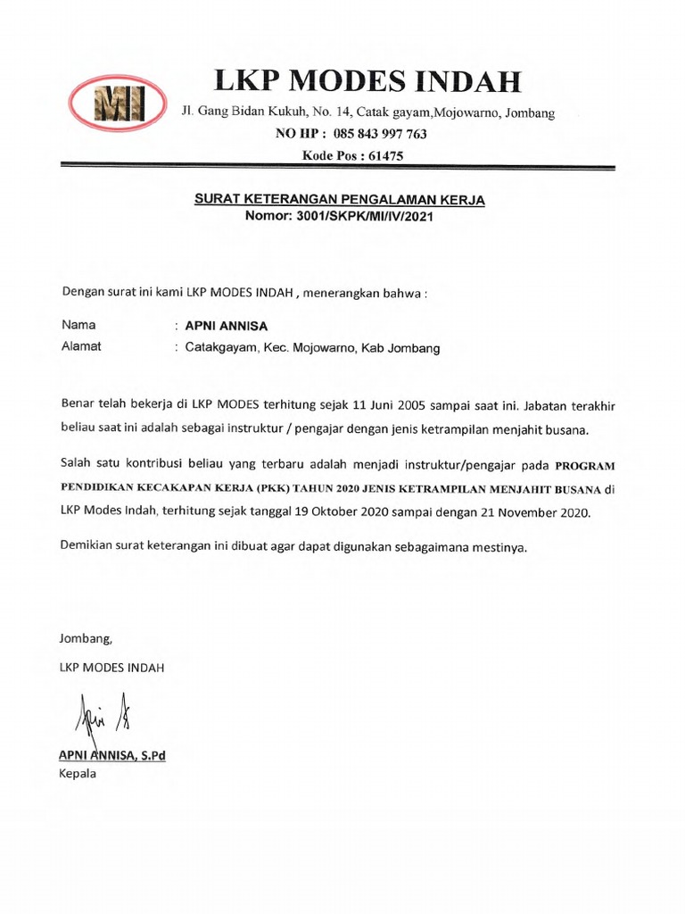 Contoh Surat Pengalaman Kerja LKP MODES INDAH | PDF