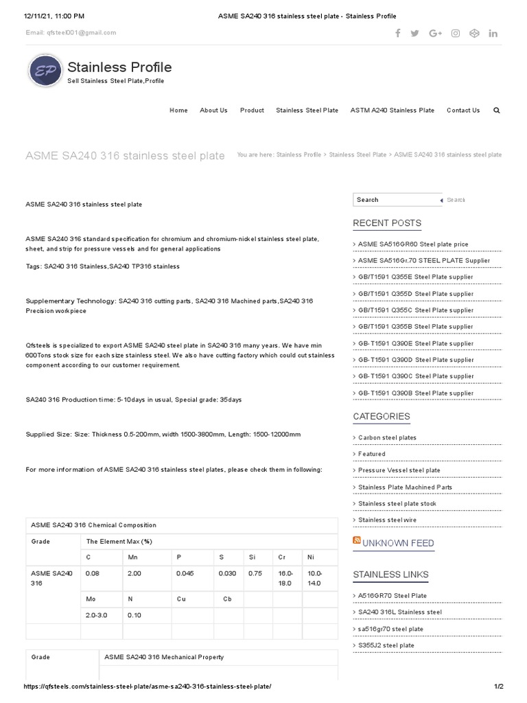 ASME SA240 316 Stainless Steel Plate - Stainless Profile | PDF ...