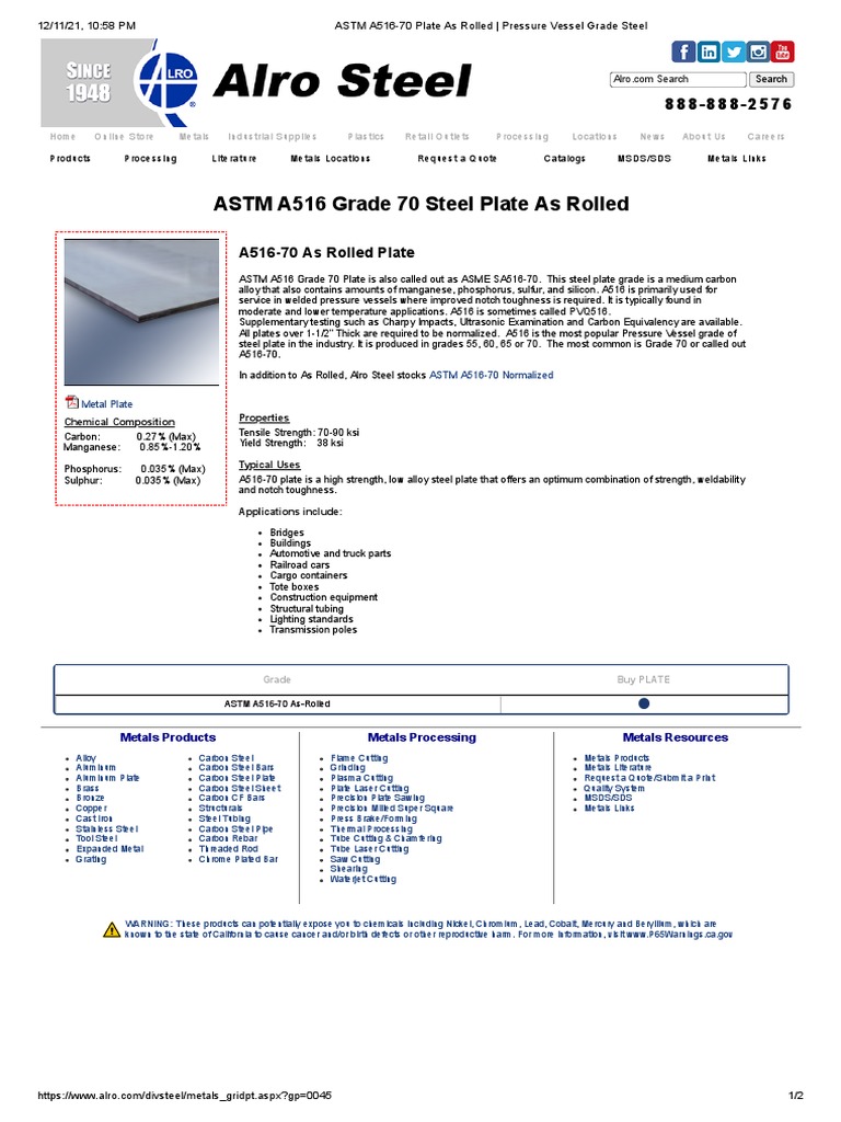 ASTM A516-70 Plate As Rolled - Pressure Vessel Grade Steel | PDF ...