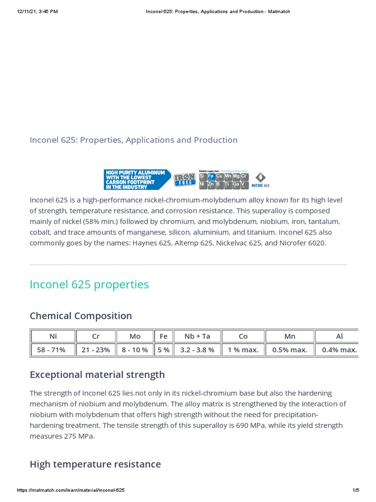 Inconel 625 - Properties, Applications and Production | PDF | Materials ...