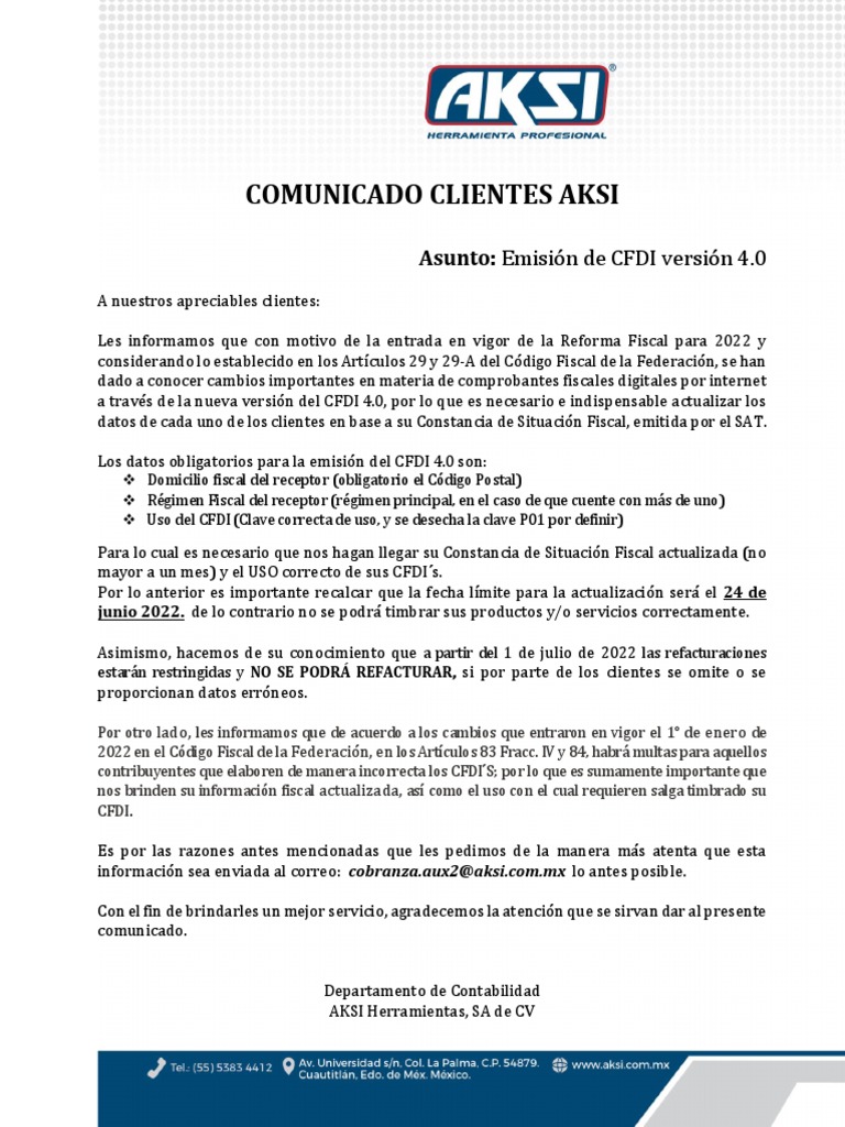 Comunicado Clientes Cambios Cfdi 4.0 | PDF