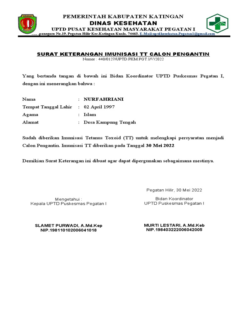 SURAT KETERANGAN IMUNISASI TT CALON PENGANTIN | PDF