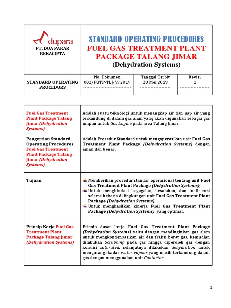 Sop Fuel Gas Treatment Package Talang Jimar 1810 | PDF