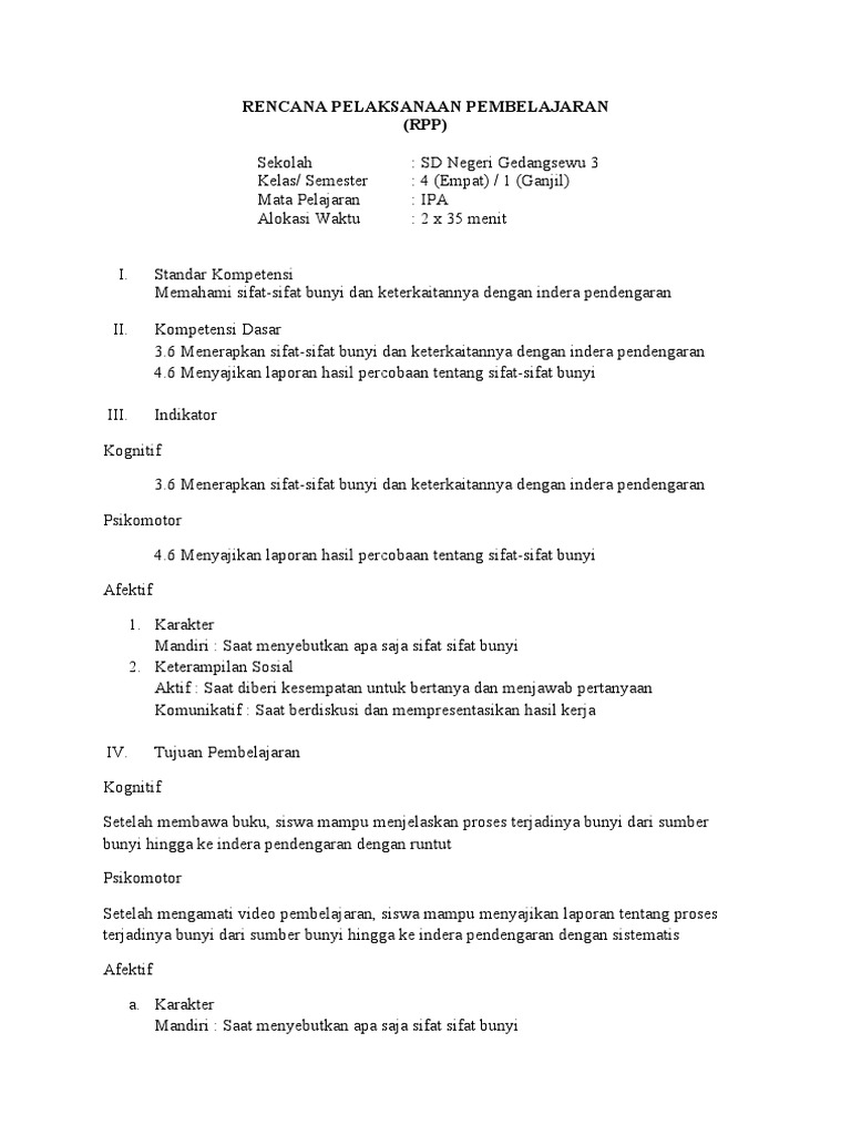 RPP IPA Kelas 4: Sifat Bunyi | PDF