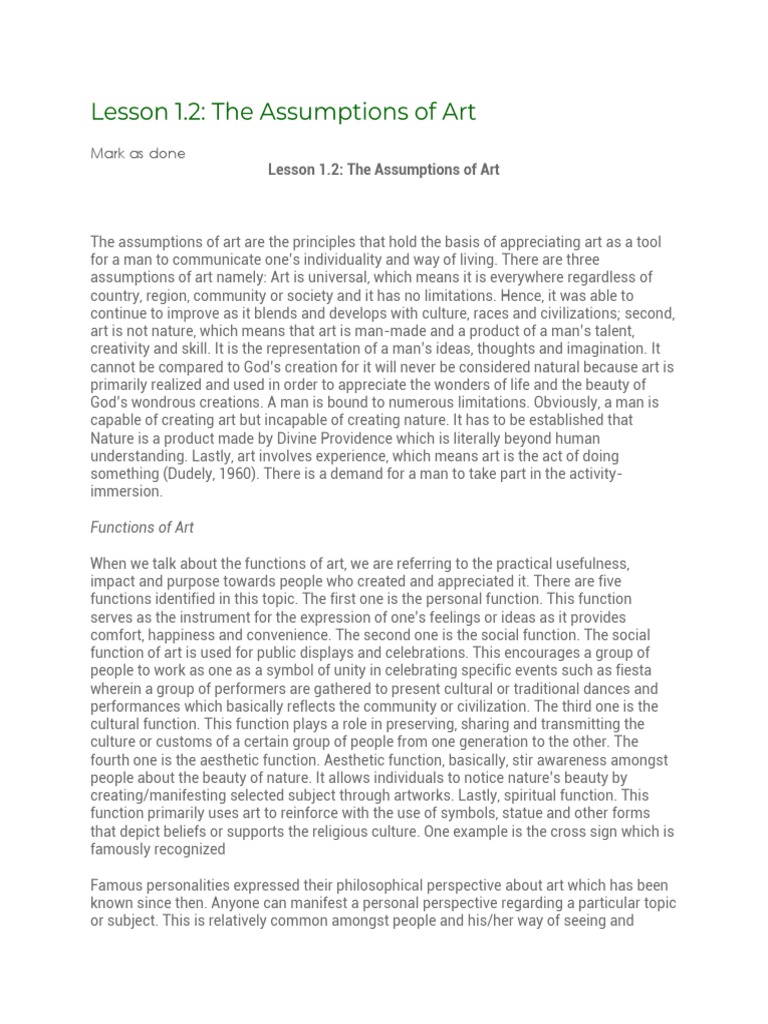 Mark As Done: Lesson 1.2: The Assumptions of Art | PDF | Idea | Fine Art