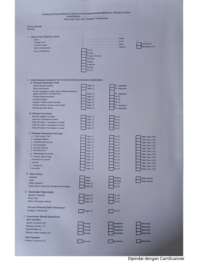 Form Skrining Anak Sekolah | PDF