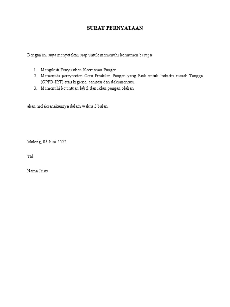Surat Pernyataan Komitmen Pirt | PDF