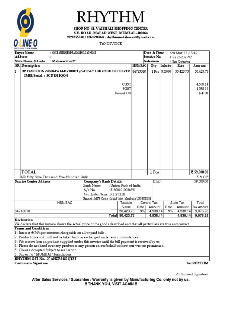 RHYTHM SHOP LAPTOP SALE INVOICE | PDF | Invoice | Economies