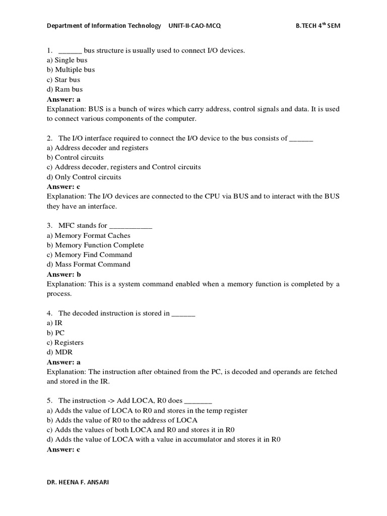 Answer: A: Department of Information Technology UNIT-II-CAO-MCQ B.Tech 4 SEM | PDF | Computer ...