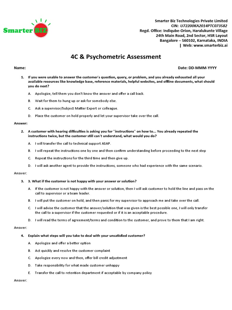 4C & Psychometric Assessment for Customer Service Role at Smarter Biz ...