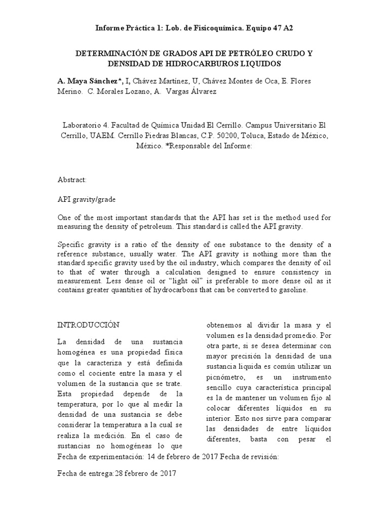 Densidad y Grados API de Petróleo Crudo | PDF | Densidad | Petróleo
