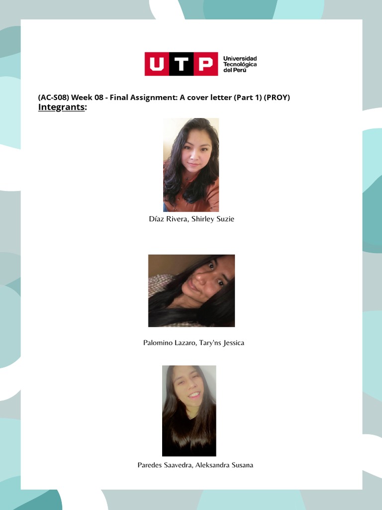 Integrants:: (AC-S08) Week 08 - Final Assignment: A Cover Letter (Part 1) (PROY) | PDF | Justice ...