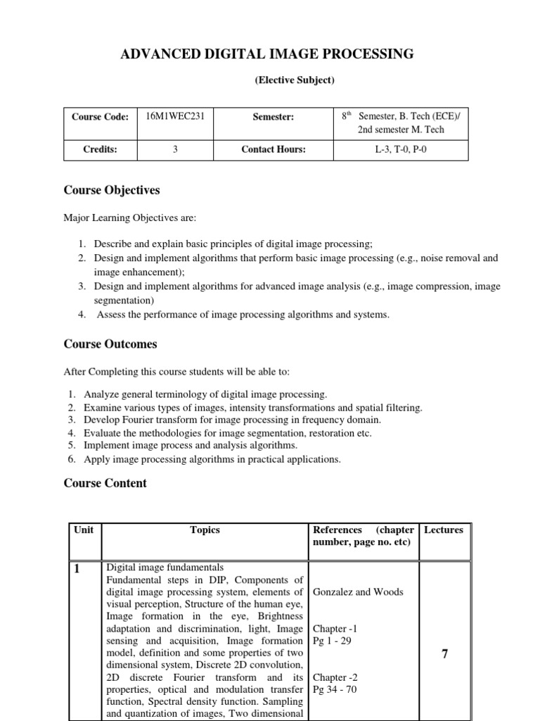 Advanced Digital Image Processing: Course Objectives | PDF | Data Compression | Image Segmentation