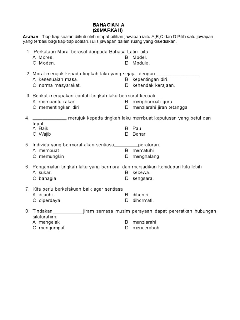 Kertas Soalan TG1 Moral-2022 | PDF
