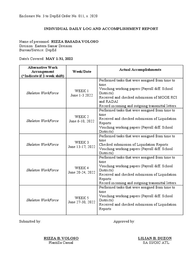 Individual Daily Log and Accomplishment Report: Skeleton Workforce | PDF