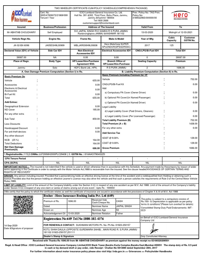 Registration No:649 Tel No:1800-102-4376: Broker: Hero Insurance ...