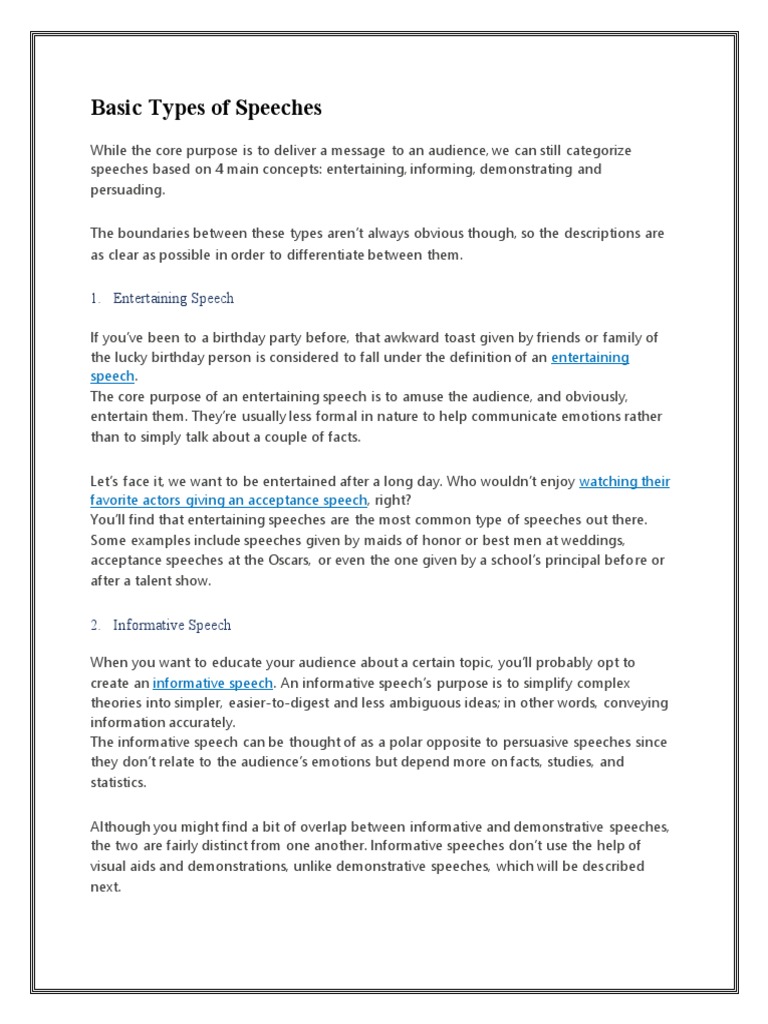 Basic Types of Speeches | PDF | Public Speaking | Persuasion