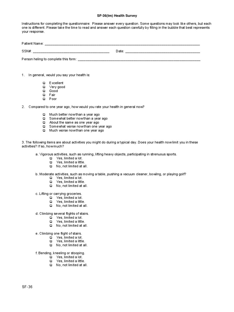 SF-36 Health Survey Instructions | PDF | Psychology | Psychological ...