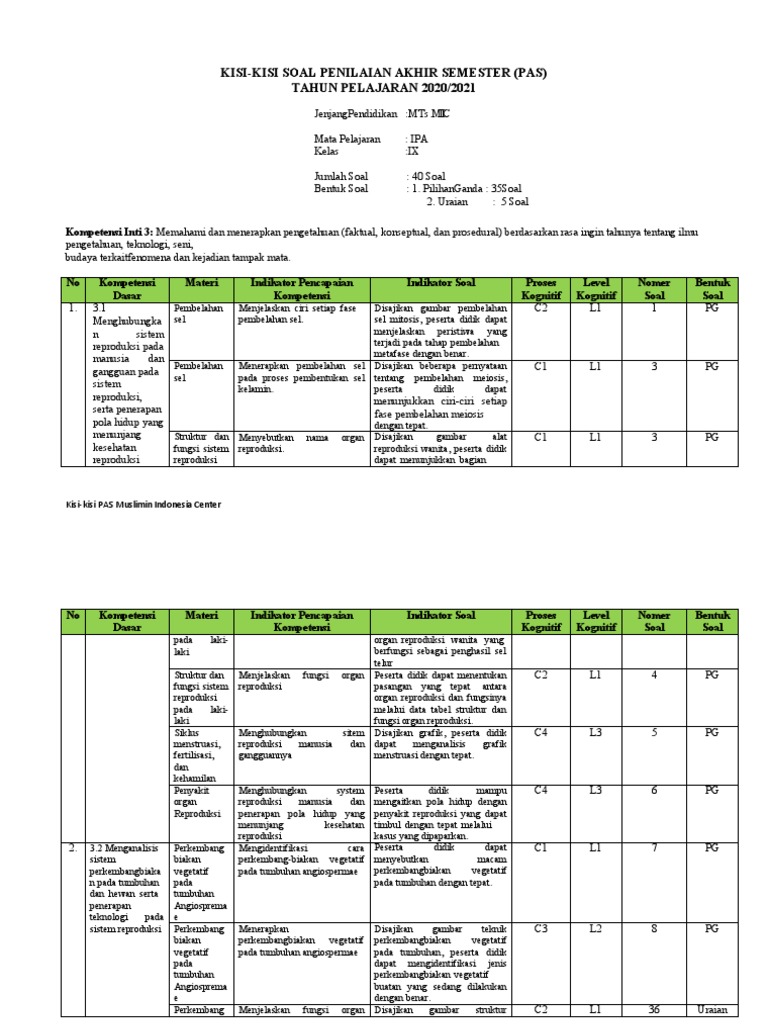 Kisi-Kisi IPA 9 MIC | PDF