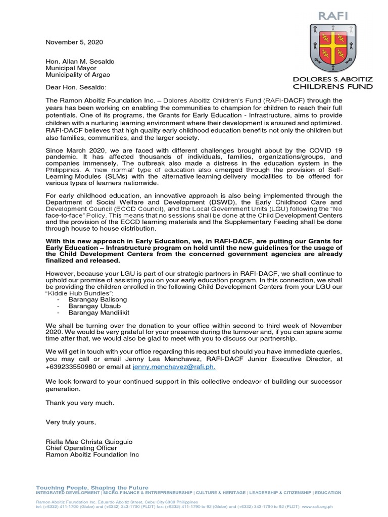 RAFI-DACF Letter To LGUs - Mini Grants - Argao | PDF | Early Childhood ...