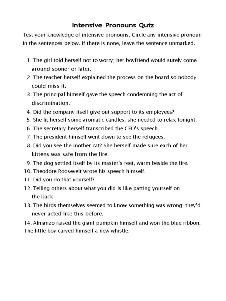 Intensive Pronouns Quiz | PDF | Linguistics
