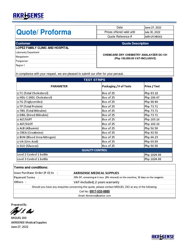 Lopez Hospital Quotation For Dry Chemistry Analyzer | PDF | Medical ...