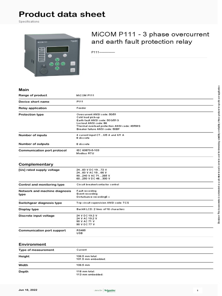 Product Data Sheet: Micom P111 - 3 Phase Overcurrent and Earth Fault ...