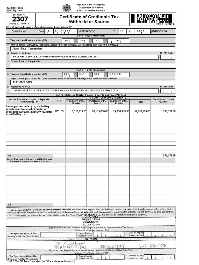Certificate of Creditable Tax Withheld at Source: Sharp (Phils ...