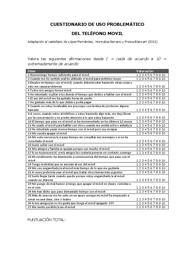 Análisis del uso problemático del teléfono móvil: Cuestionario de ...