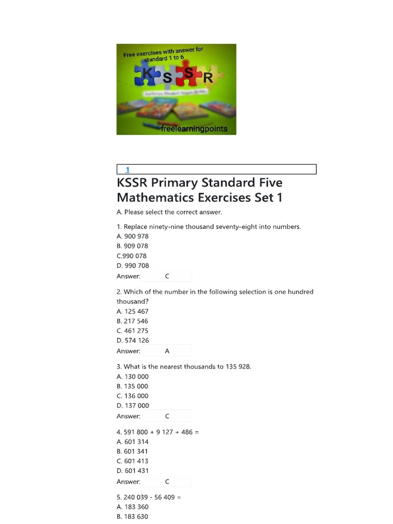 KSSR Primary Standard Five Mathematics Exercises Set 1-答案 | PDF