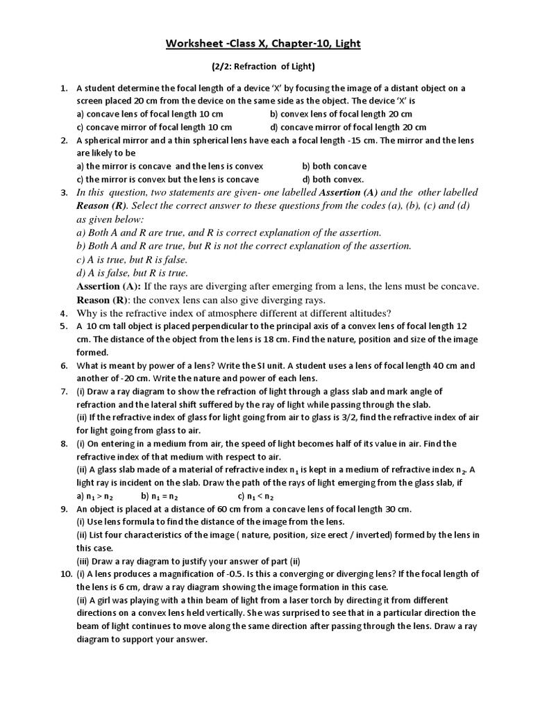 Worksheet - Class X, Chapter-10, Light | PDF | Optics | Electromagnetic ...