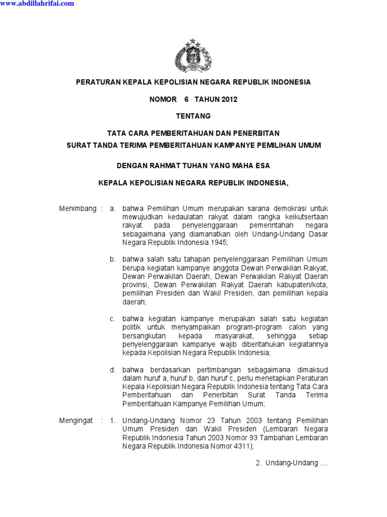 Perkap Nomor 6 TH 2012 Tentang STTP Kampanye Pemilu | PDF