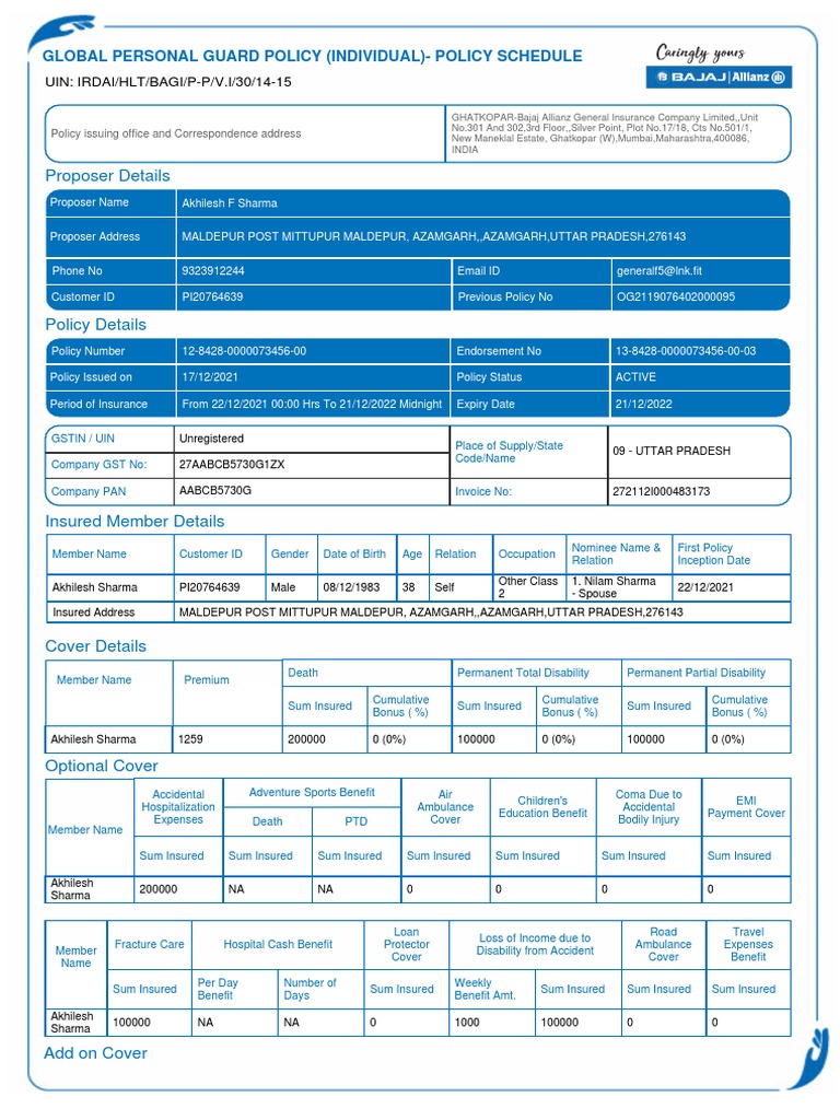 Proposer Details: Global Personal Guard Policy (Individual) - Policy ...