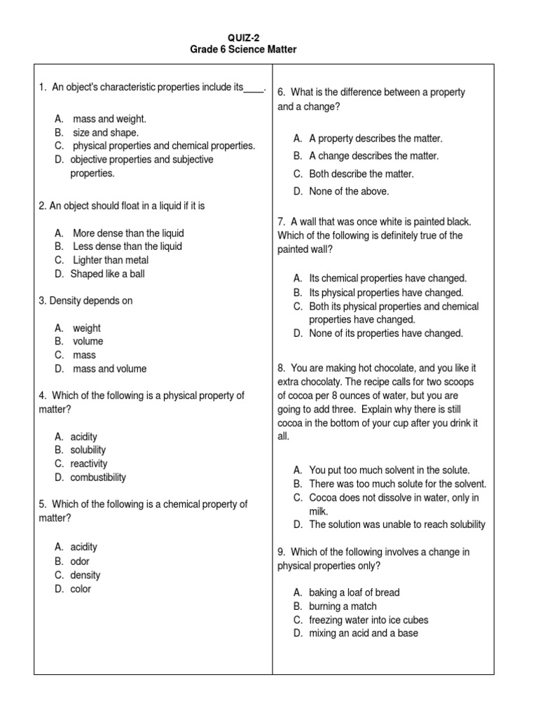 QUIZ-2 Grade 6 Science Matter | Descargar gratis PDF | Liquids | Gases