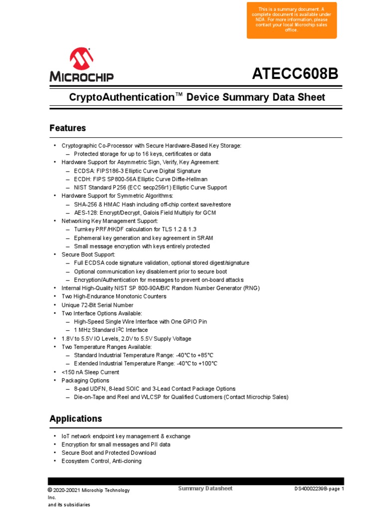 Atecc608B: Cryptoauthentication Device Summary Data Sheet | PDF | Public Key Cryptography | Key ...