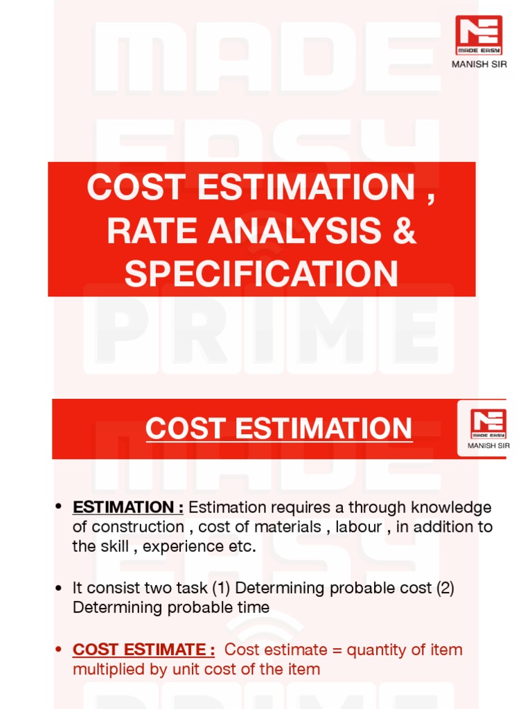 Cost Estimation, Rate Analysis & Specification | PDF | Specification ...