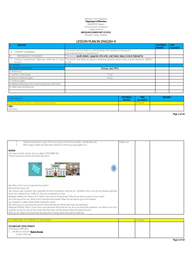 Lesson Plan in English 4: Recalls Details, Sequence of Events, and ...