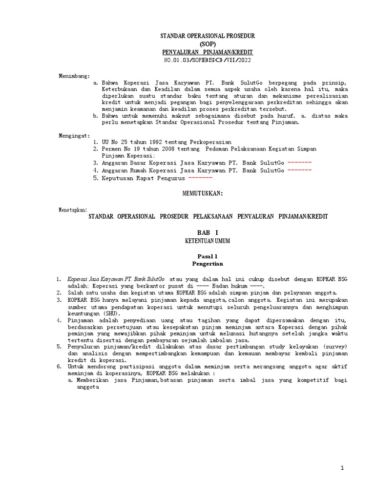 SOP Penyaluran Pinjaman KOPKAR BSG | PDF