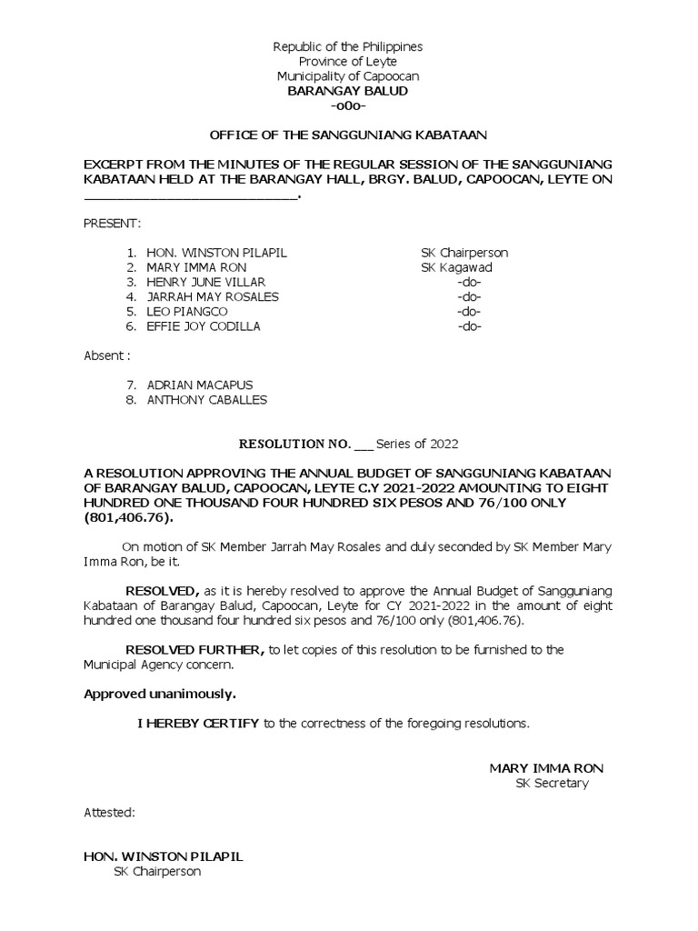 Resolution Approving The Annual Budget CY 2021-2022 | PDF