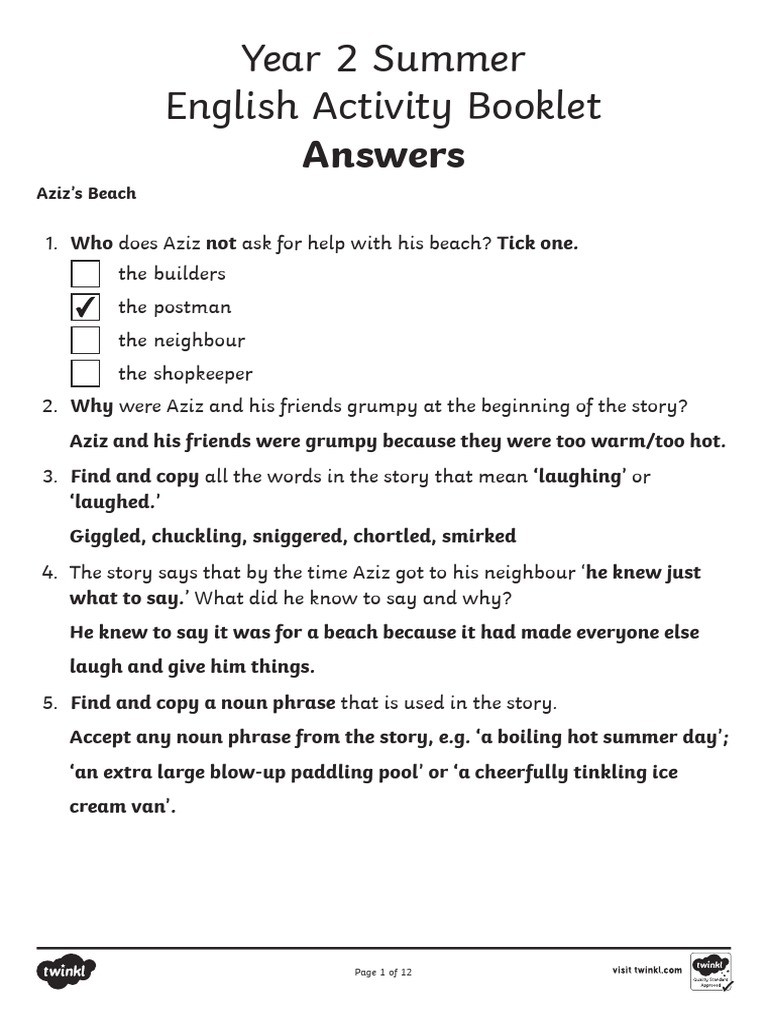 Year 2 Summer English Activity Answers | PDF | Adverb | Sentence ...