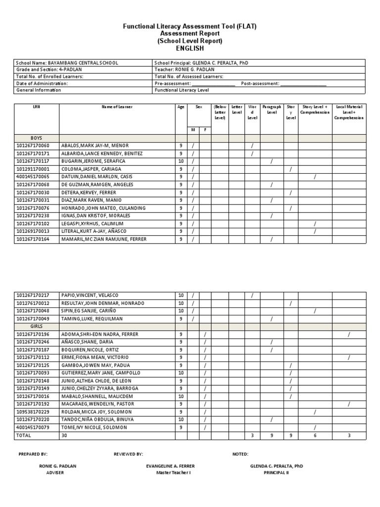 Functional Literacy Assessment Tool (FLAT) Assessment Report (School ...