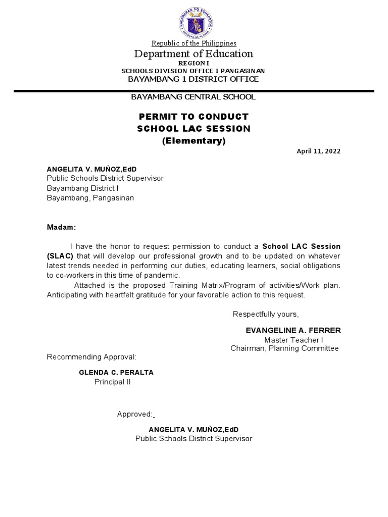 Department of Education: Permit To Conduct School Lac Session ...