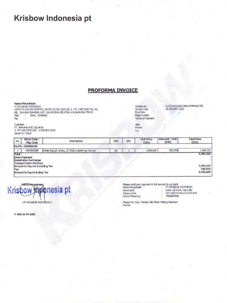 Proforma Invoice Pt. Wahana Inti Selaras (0137) | PDF