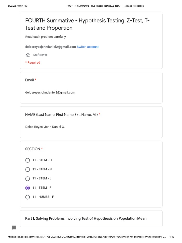 FOURTH Summative Hypothesis Testing Z Test T Test and Proportion | PDF ...