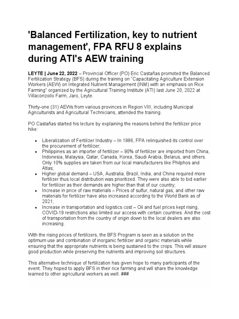 'Balanced Fertilization, Key To Nutrient Management', FPA RFU 8 ...