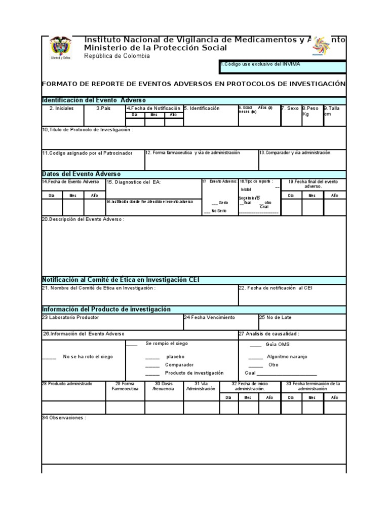 Formato Reacciones Adversas a Medicamentos Del Invima