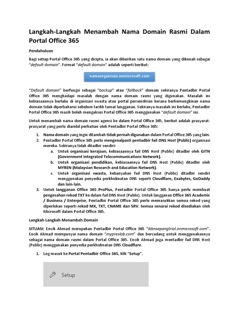 Langkah-Langkah Menambah Nama Domain Rasmi Dalam Portal Office 365 | PDF