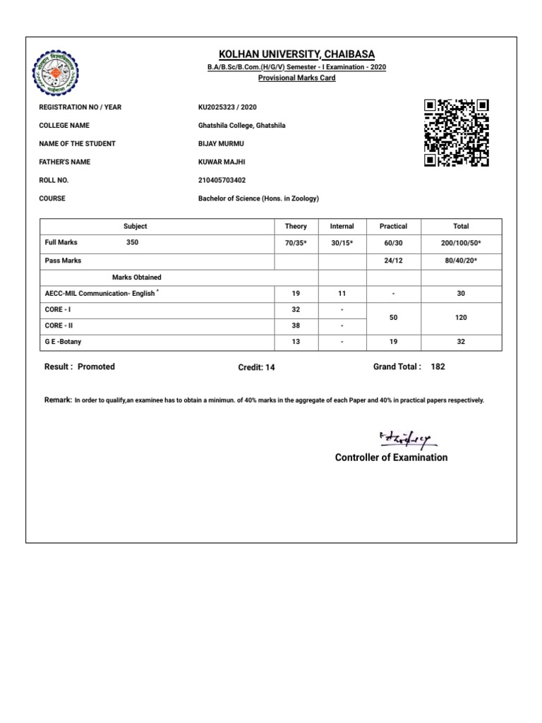 Kolhan University, Chaibasa: Provisional Marks Card | PDF | Academia ...